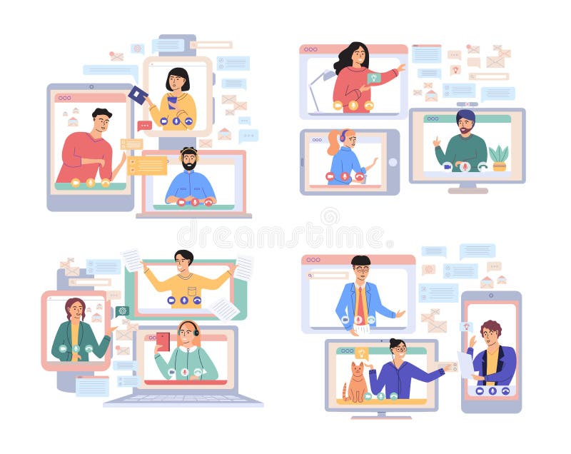 Virtual Meeting, Online Teamwork. Computer with Group of Colleagues ...