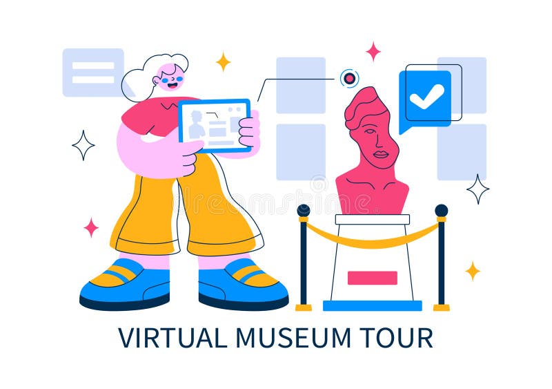 Virtual Museum Tour Vector Illustration Featuring a Modern Art Museum Where All Exhibits are ...
