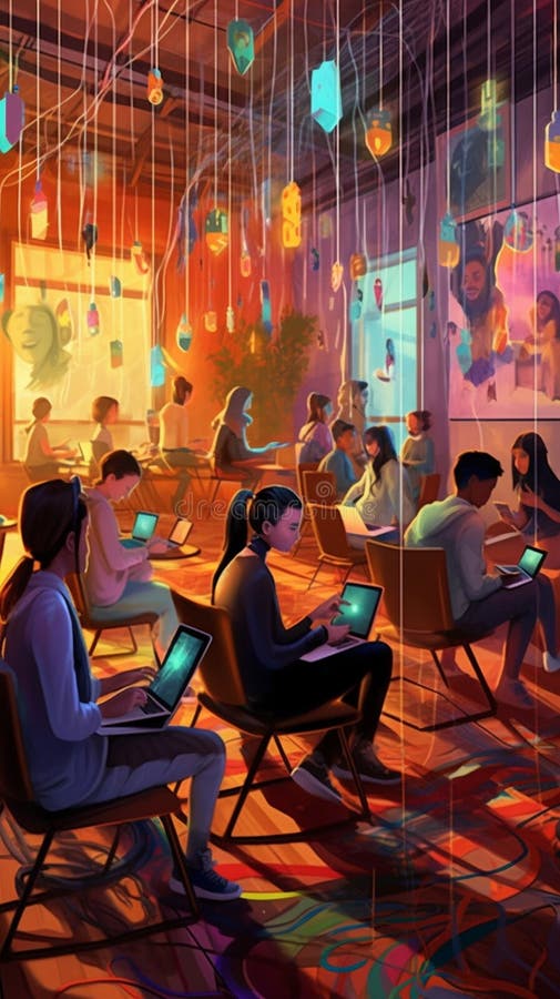 A Virtual Net of Students Sitting at Their Laptops Communicating Stock ...