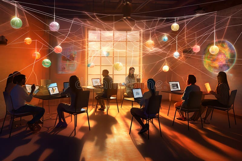 A Virtual Net of Students Sitting at Their Laptops Communicating Stock ...