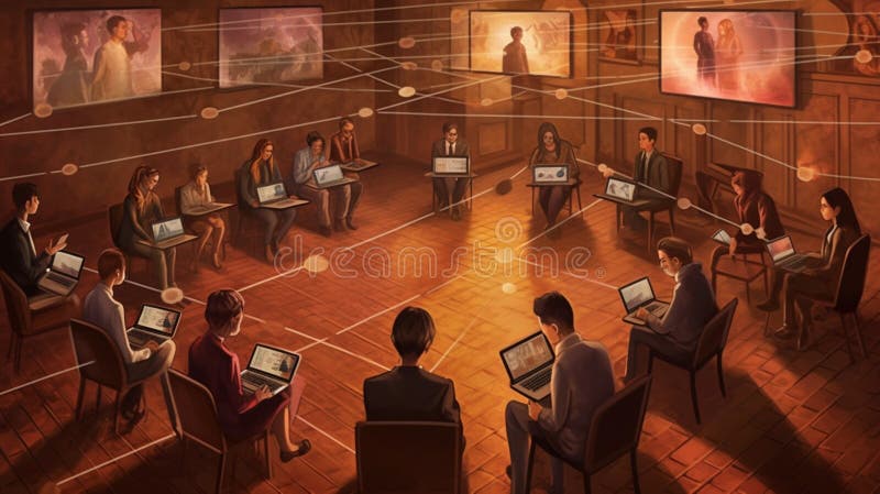 A Virtual Net of Students Sitting at Their Laptops Communicating Stock ...