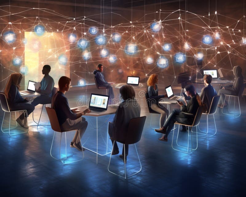 A Virtual Net of Students Sitting at Their Laptops Communicating Stock ...