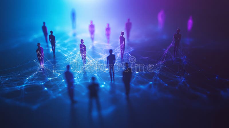 Virtual Network of Abstract Figures on Glowing Digital Connections ...