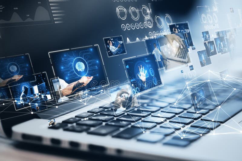 Virtual Networking Concept with Screens Showing Content Creation Stock ...