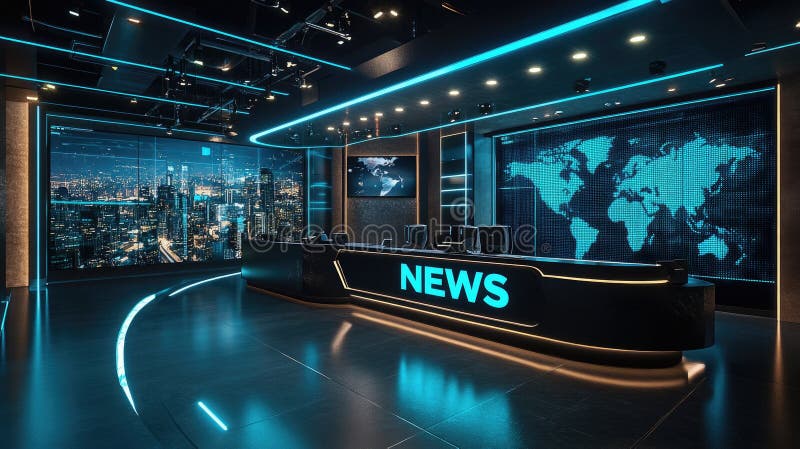 Virtual News Studio Set with Interactive World Map Displaying Global ...