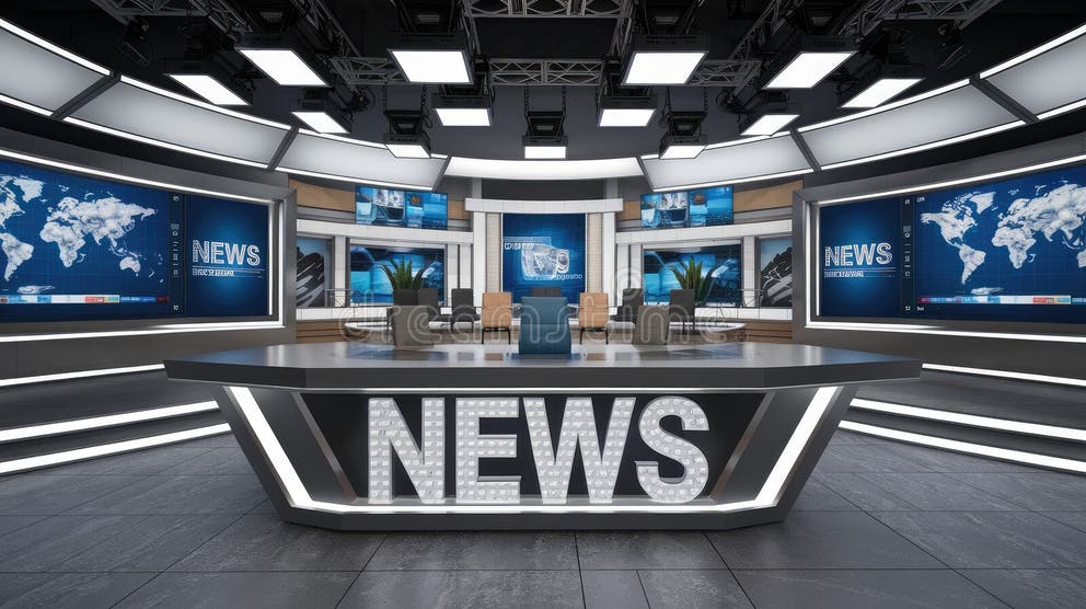 Virtual News Studio Set with Multiple Screens Displaying Breaking News ...