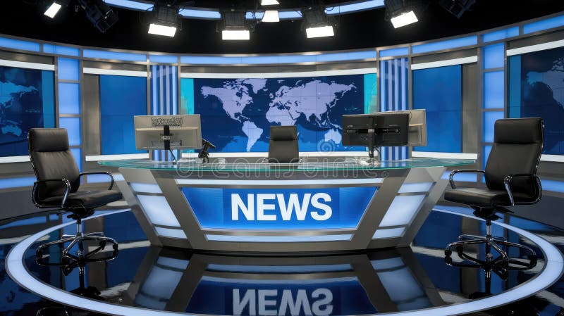 Virtual News Studio Set with World Map Displaying Breaking News Stock ...