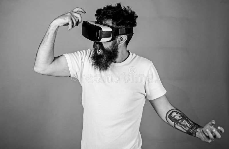 Virtual Party Concept. Hipster on Shouting Face Having Fun in Virtual Reality. Guy with Head ...