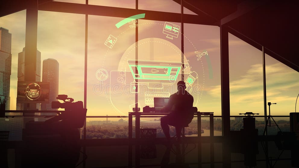 Virtual Projection and Silhouette of a Videographer in His Studio at ...