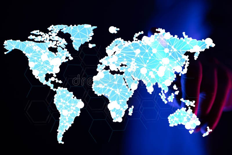 Virtual Projection of the World Map with Glowing Lights Stock Photo ...
