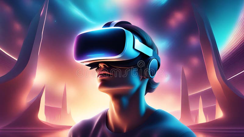 Man Wearing Virtual Reality Device, Threatened with Addiction Stock ...