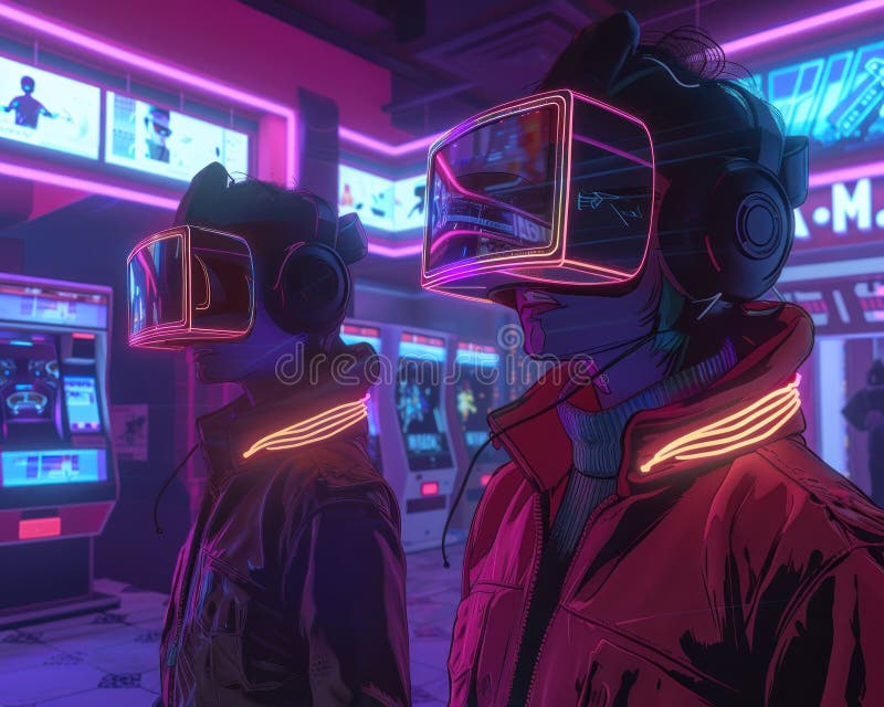 Virtual Reality Arcade 90s Style Gamers with Retro VR Headsets Stock ...