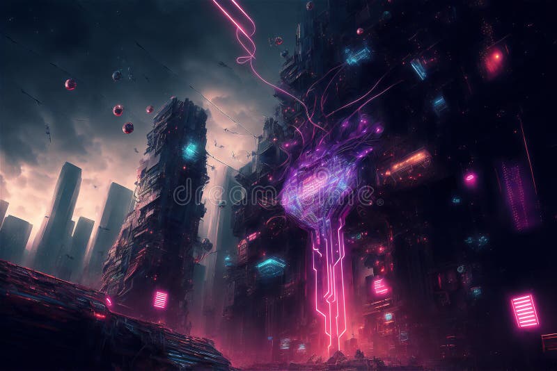 Virtual Reality City Concept with Big Data Central Computer. Cyberspace ...