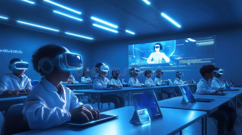 Virtual Reality Classroom, Futuristic Education with VR Headset Stock ...
