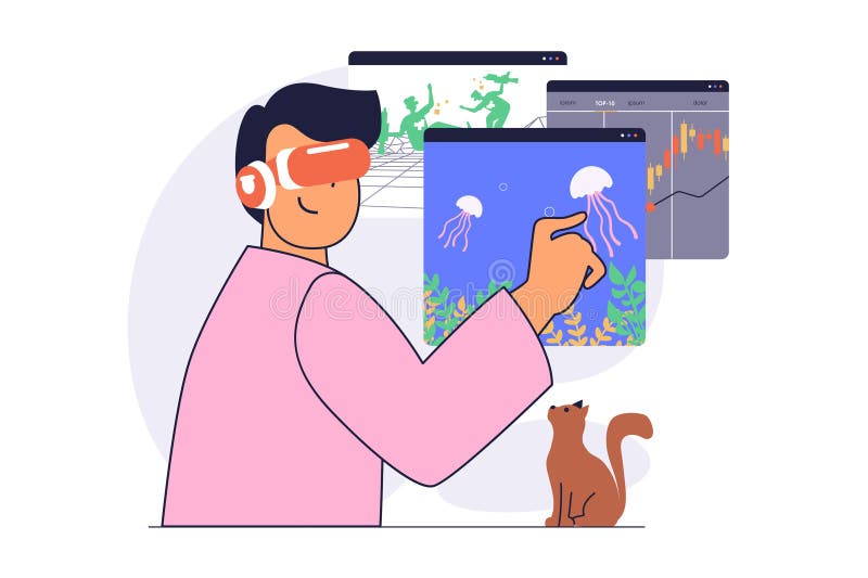 Virtual Reality Concept with Cartoon People in Flat Design for Web. Man ...