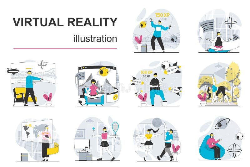 Virtual Reality Concept with Character Situations Mega Set. Vector ...