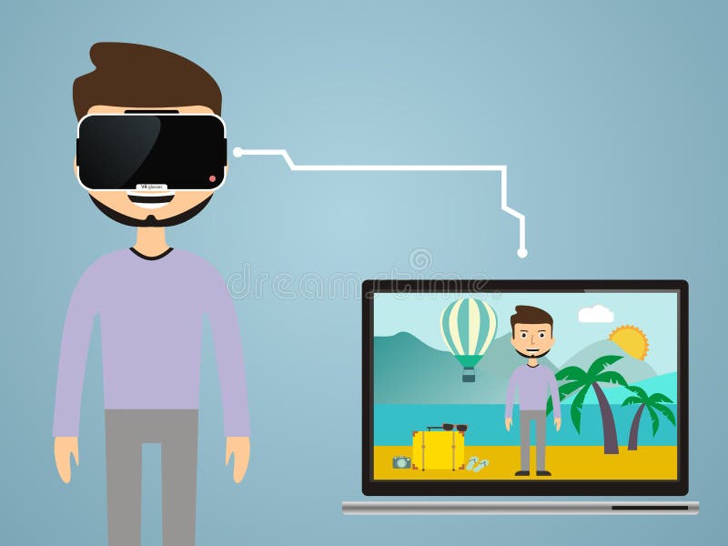 Virtual Reality Concept in Flat Style. VR Gaming. Man Wearing Glasses ...