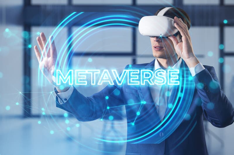 Virtual Reality Concept with Young Man in VR Glasses and Metaverse Sign ...