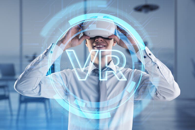 Virtual Reality Concept with Young Man in VR Headset and VR Sign ...