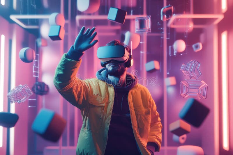 A Virtual Reality Designer Engages with Floating 3D Objects in a Modern ...