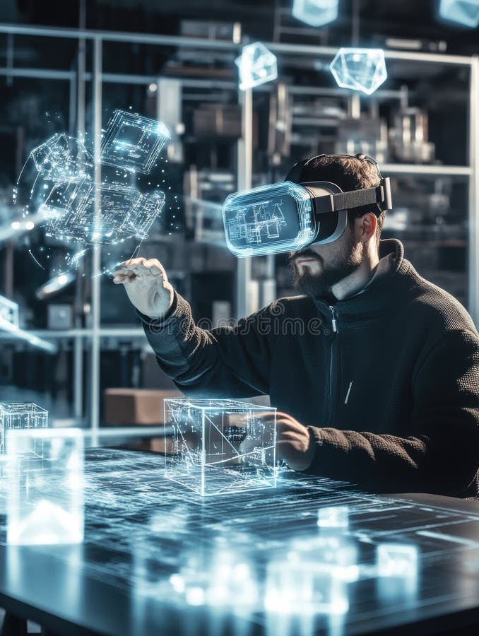 Virtual Reality Designer Working in a Modern Studio with Floating 3D ...