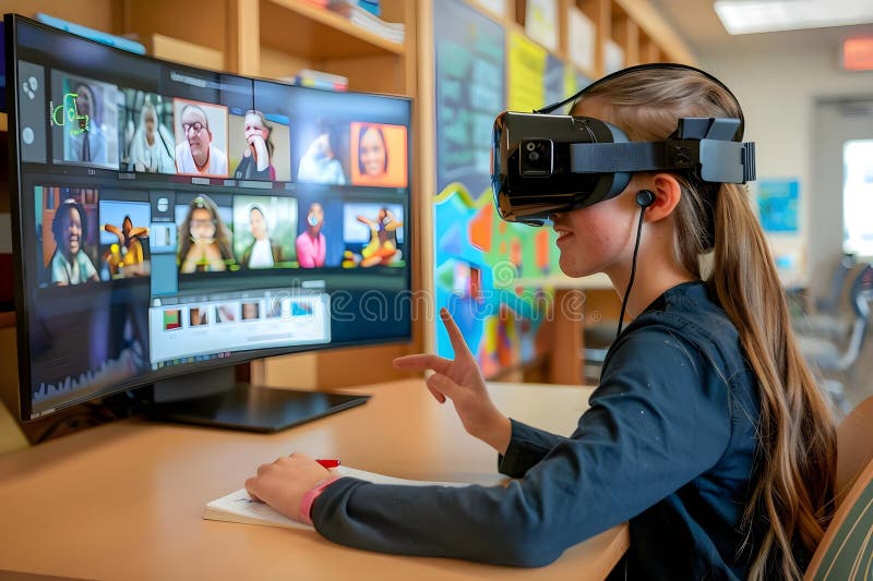 Virtual Reality Enhances Interactive Learning, Girl Uses VR Headset and ...