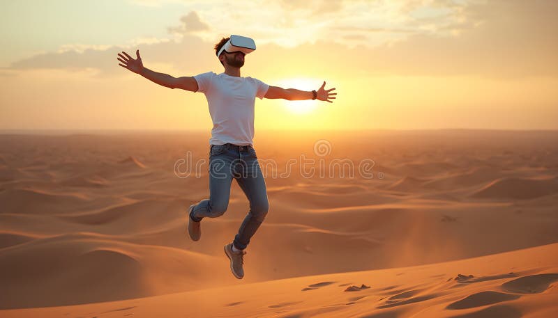 Virtual Reality Experience in the Desert at Sunset with a Man Jumping ...