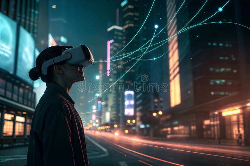 Virtual Reality Future City Experience Cyberpunk Style Stock ...