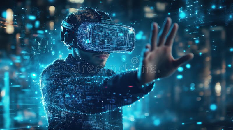 Virtual Reality Gamer Immersed in a Futuristic Digital World Stock ...