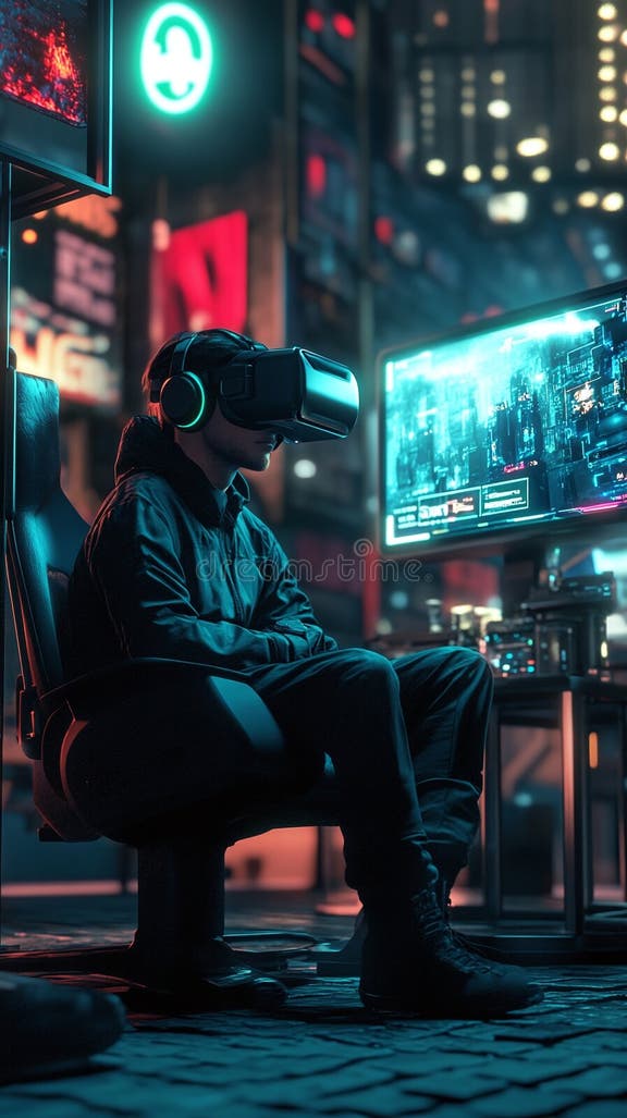 A Virtual Reality Gamer Immersed in a Sci-fi Environment. Stock ...