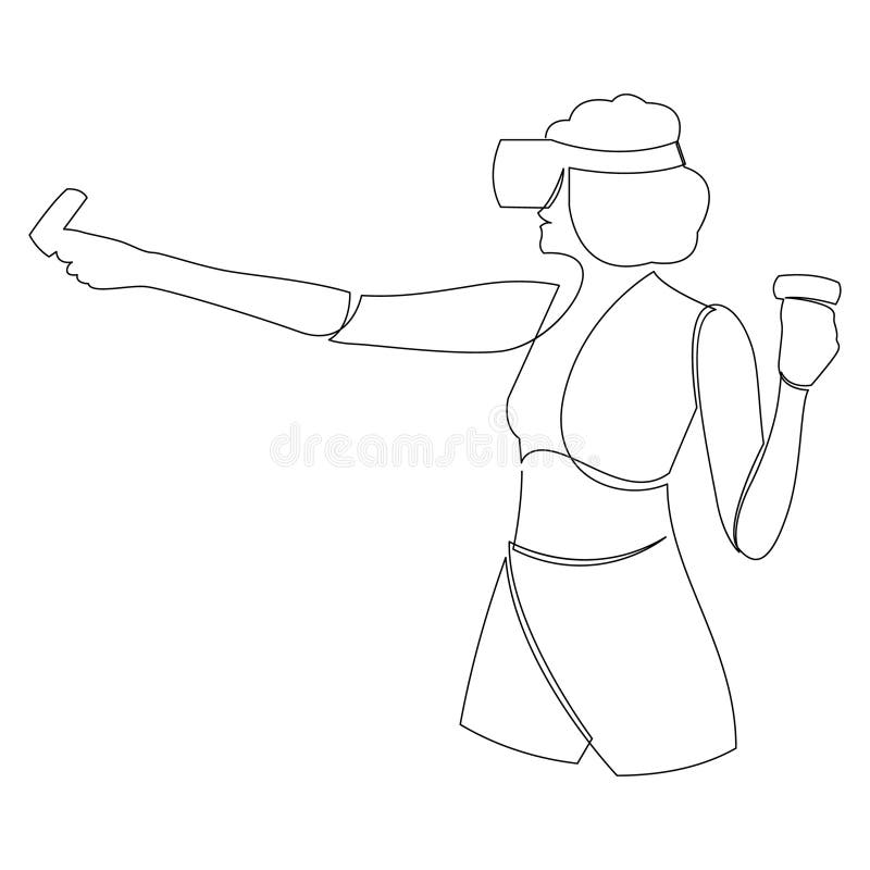 Virtual Reality Gaming Continuous One Line Drawing. Woman in VR Glasses ...