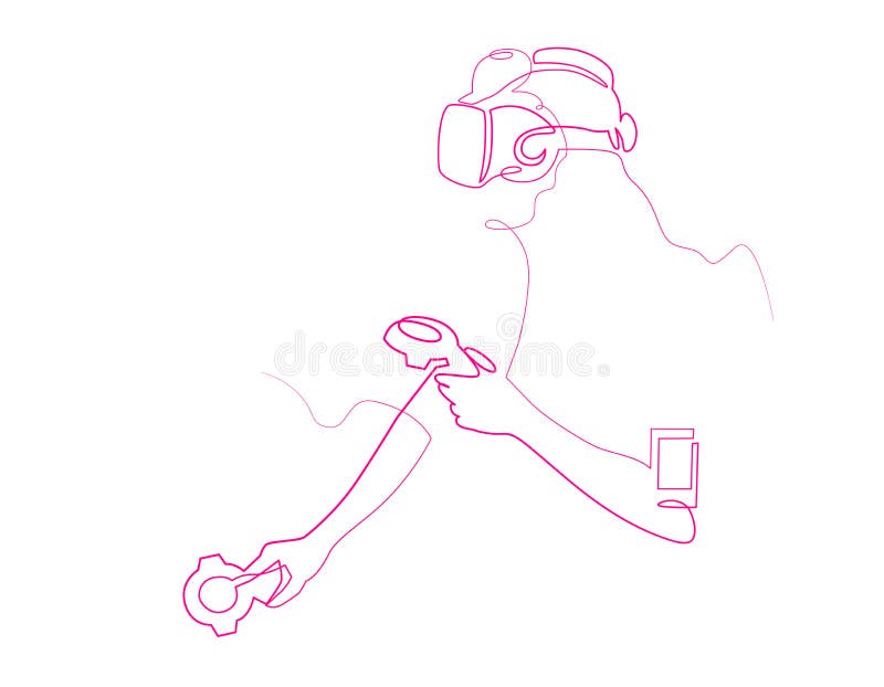 Virtual Reality Gaming Continuous One Line Vector Drawing. Man in VR ...