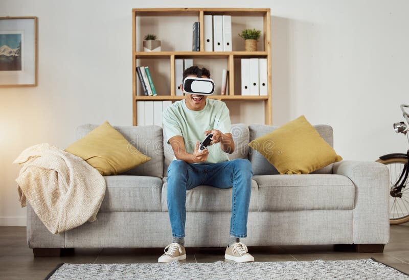 Virtual Reality Glasses, Relax and Man with Game, Controller and Connection with Software, Smile ...