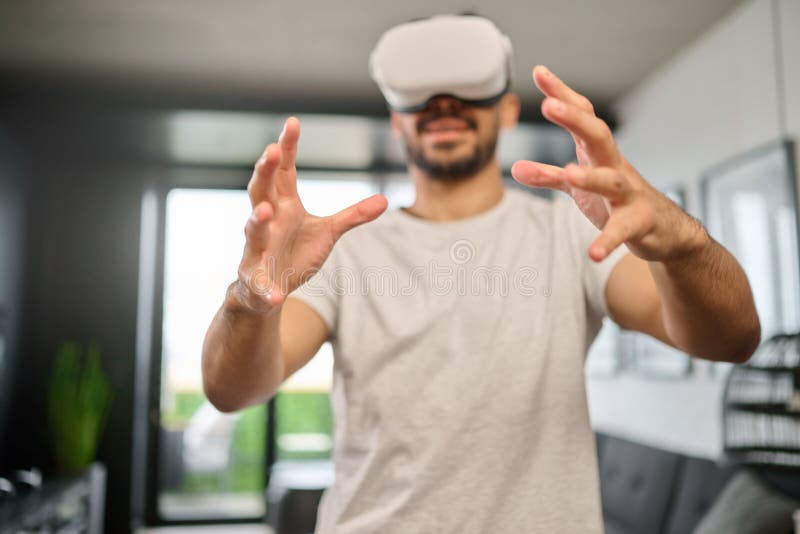 Virtual Reality Glasses, Technology and Hands of Man in Home with ...