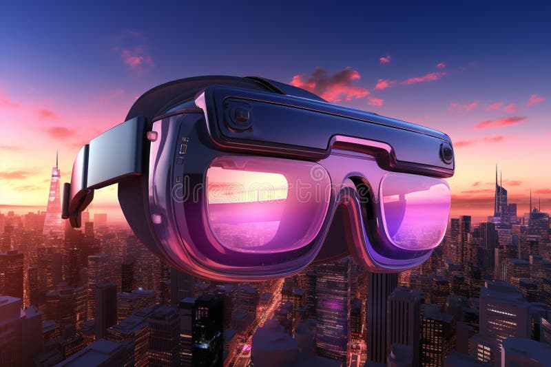 Virtual Reality Goggles in Front of City Skyline at Sunset. 3D ...