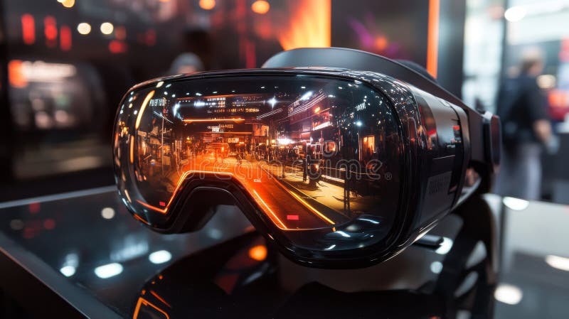Virtual Reality Goggles with Futuristic Urban Reflection Stock Photo ...