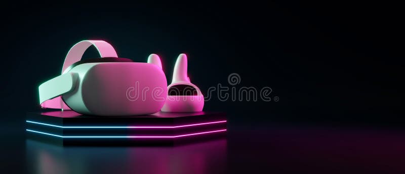 Virtual Reality Goggles, VR Glasses, Headset with Controllers on Neon ...