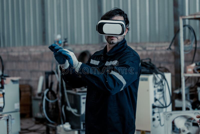 Virtual Reality Goggles are Worn by Robotics Specialists Stock Photo ...