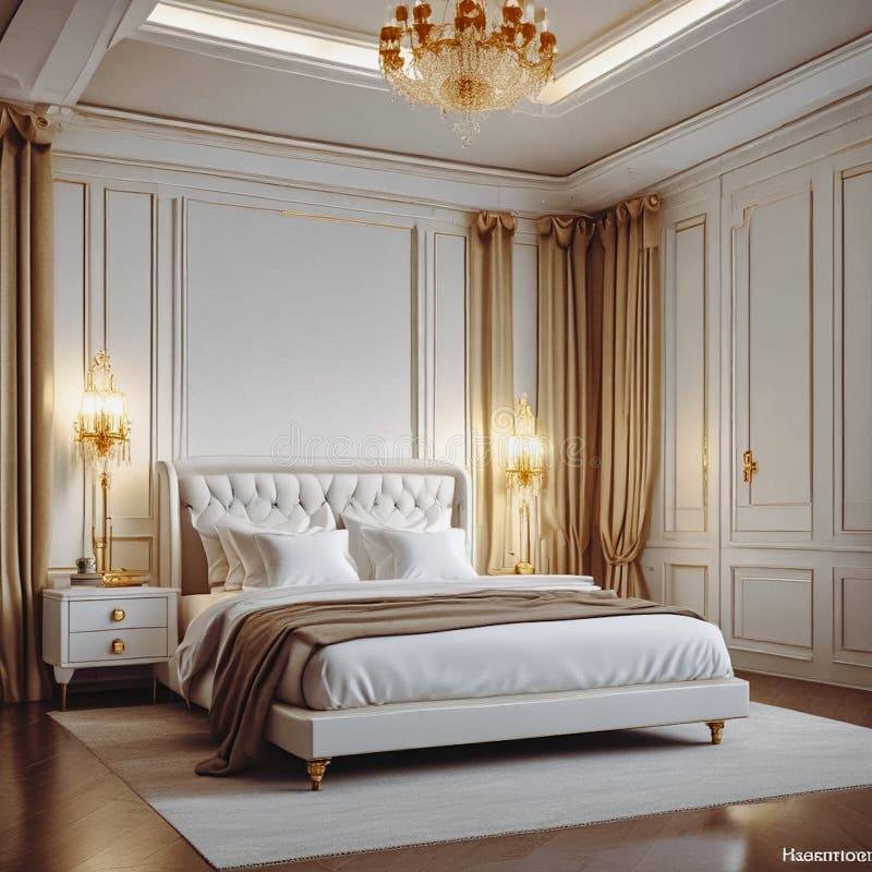 3D Rendering. Beautiful Interior of a Modern House in White and Gold ...