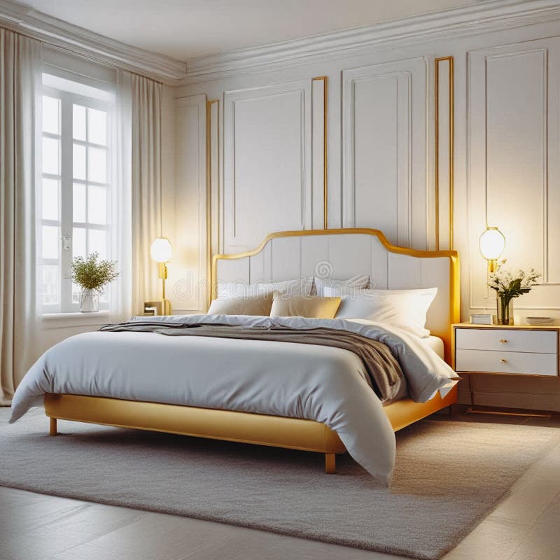 3D Rendering. Beautiful Interior of a Modern House in White and Gold ...