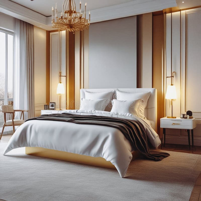 3D Rendering. Beautiful Interior of a Modern House in White and Gold ...