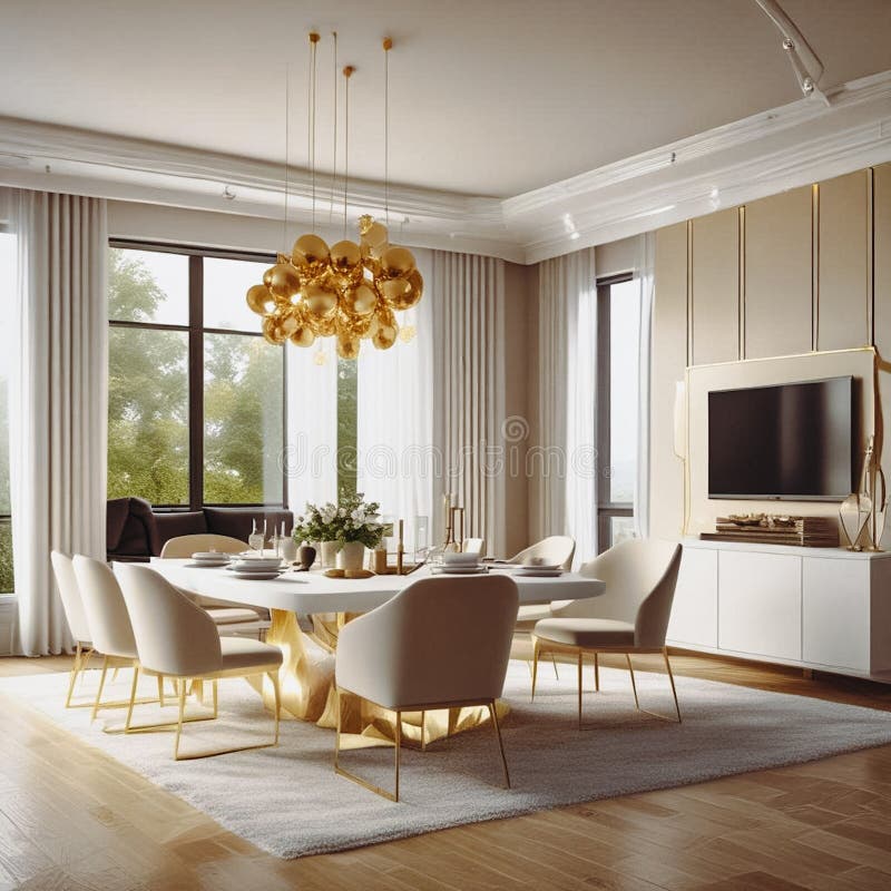 3D Rendering. Beautiful Interior of a Modern House in White and Gold ...