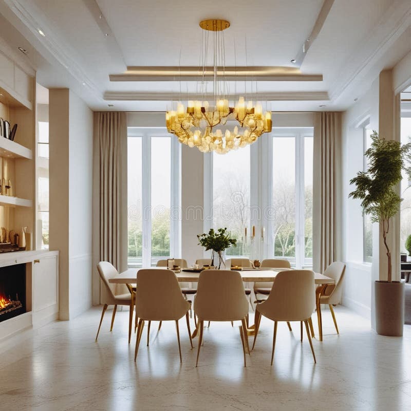 3D Rendering. Beautiful Interior of a Modern House in White and Gold ...