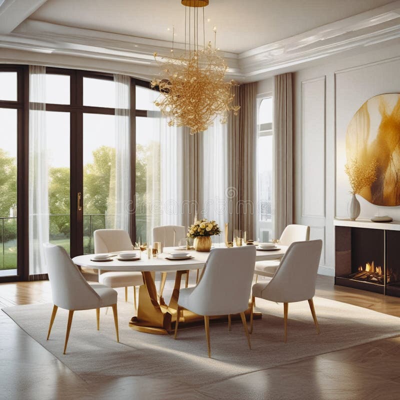 3D Rendering. Beautiful Interior of a Modern House in White and Gold ...