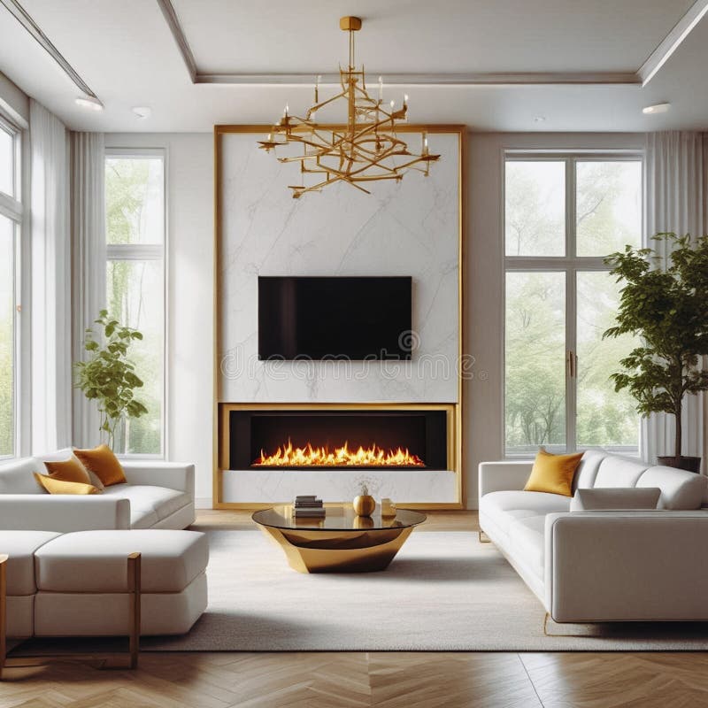 3D Rendering. Beautiful Interior of a Modern House in White and Gold ...