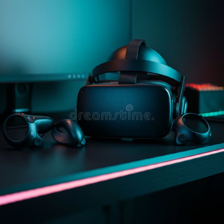 Virtual Reality Headset and Controllers on a Dark Desk, Illuminated by ...