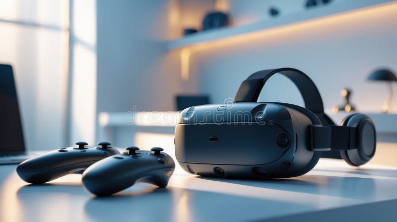 Virtual Reality Headset and Controllers on Modern Desk Setup Stock ...