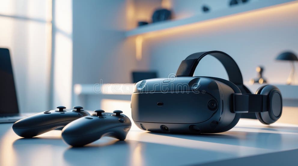 Virtual Reality Headset and Controllers on Modern Desk Setup Stock ...