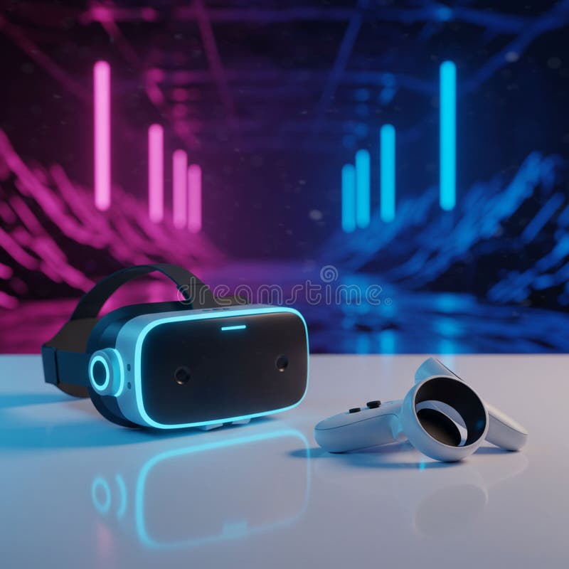 A Virtual Reality Headset and Controllers Rest on a Reflective White ...