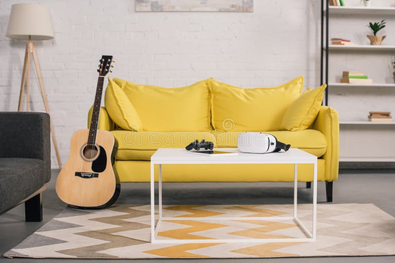 Virtual Reality Headset, Digital Tablet and Joystick on Table Stock ...